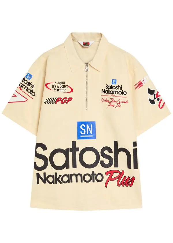 SATOSHI NAKAMOTO Mechanic Printed Canvas Polo Shirt - Cream