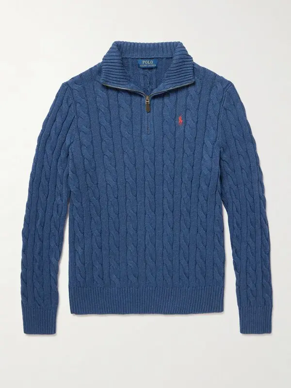 Polo Ralph Lauren Logo-embroidered Cable-knit Cotton Half-zip Sweater - Blue
