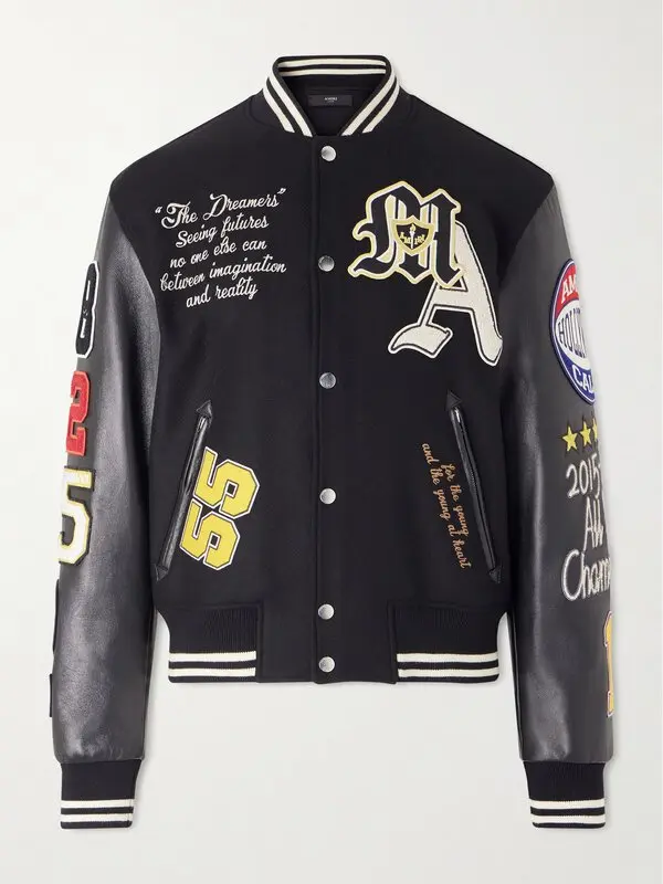 Amiri Appliquéd Embroidered Leather And Wool-blend Varsity Jacket - Black