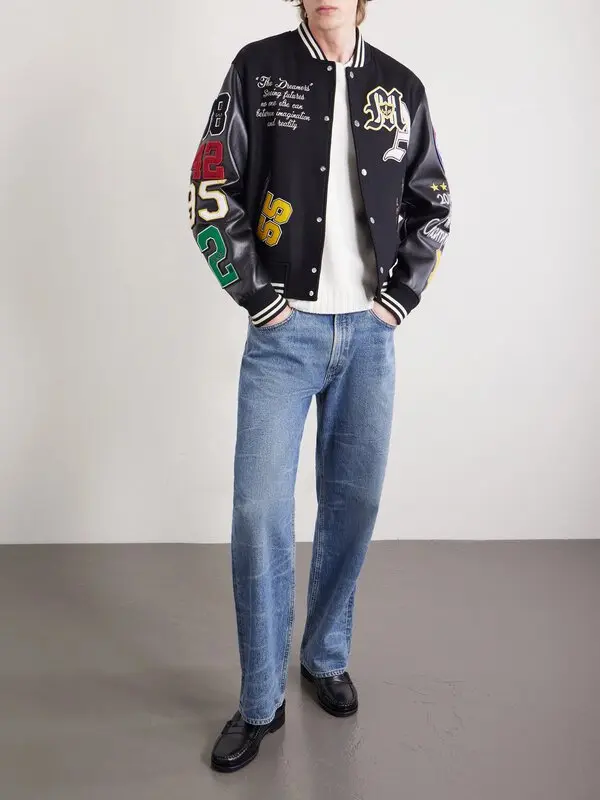 Amiri Appliquéd Embroidered Leather And Wool-blend Varsity Jacket - Black