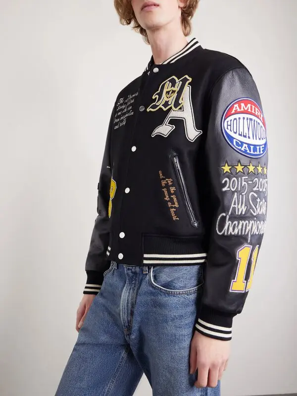 Amiri Appliquéd Embroidered Leather And Wool-blend Varsity Jacket - Black