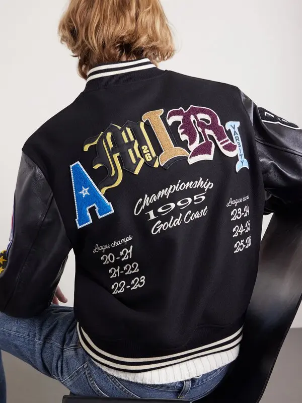 Amiri Appliquéd Embroidered Leather And Wool-blend Varsity Jacket - Black