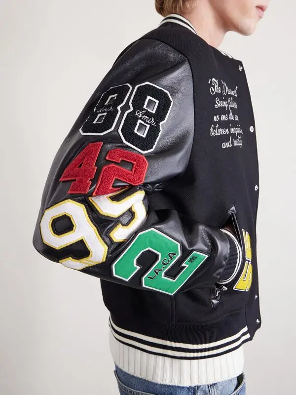 Amiri Appliquéd Embroidered Leather And Wool-blend Varsity Jacket - Black
