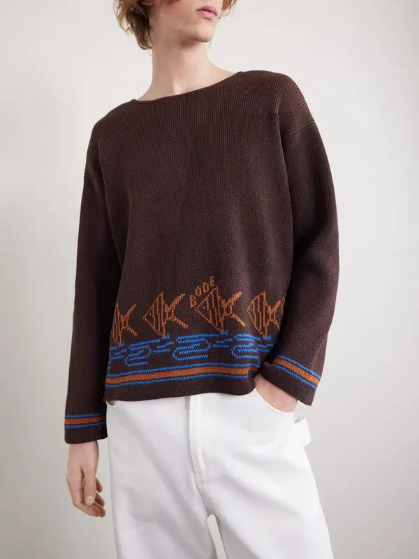 BODE Fish School Intarsia-knit Cotton Sweater