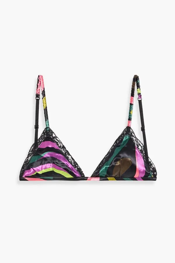 Emilio Pucci Lacetrimmed Printed Satin Triangle Bra - Black