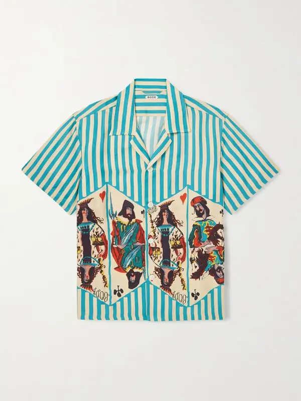 BODE Royals Camp-collar Striped Printed Silk Shirt - Blue