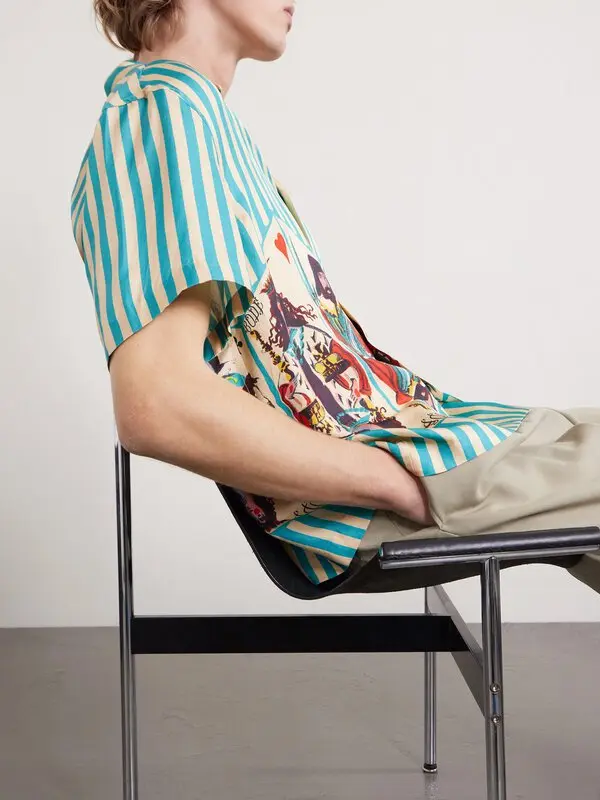 BODE Royals Camp-collar Striped Printed Silk Shirt - Blue