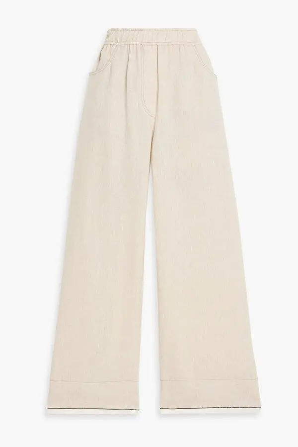 Brunello Cucinelli Linen Wide-leg Pants With Bead Embellishments - Ecru