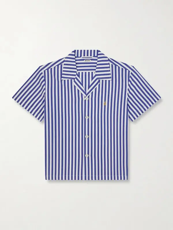 BODE Calliope Camp-collar Embroidered Striped Cotton-poplin Shirt - Blue