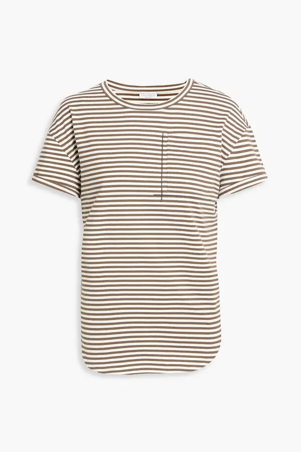 Brunello Cucinelli Striped Cotton-jersey T-shirt With Bead Embellishments - Chocolate