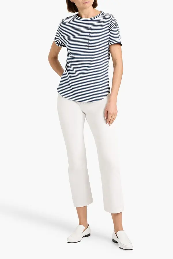Brunello Cucinelli Striped Cotton-jersey T-shirt With Bead Embellishments - Navy