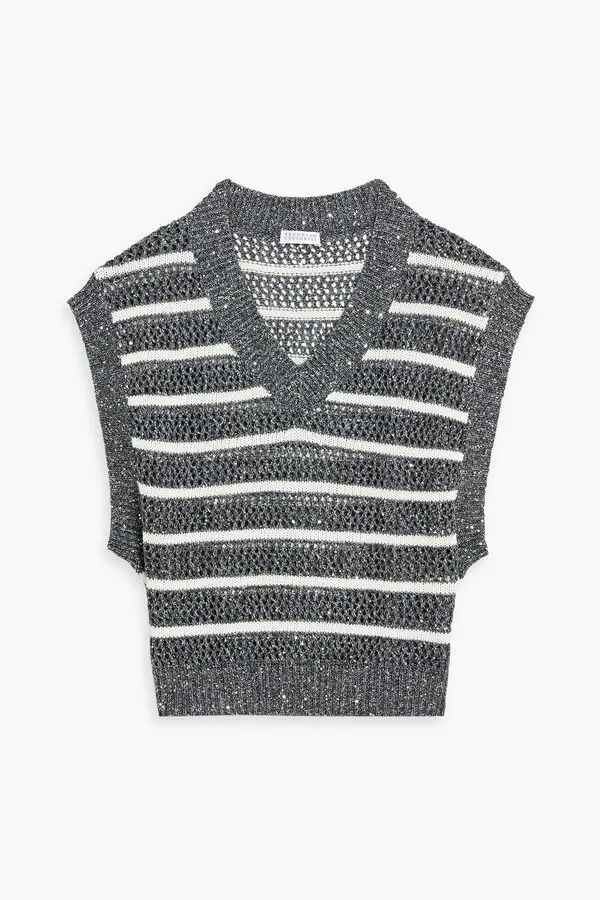 Brunello Cucinelli Sequin-embellished Striped Linen-blend Vest