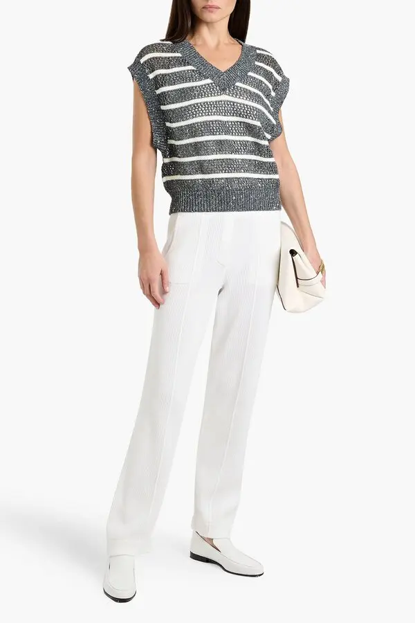 Brunello Cucinelli Sequin-embellished Striped Linen-blend Vest