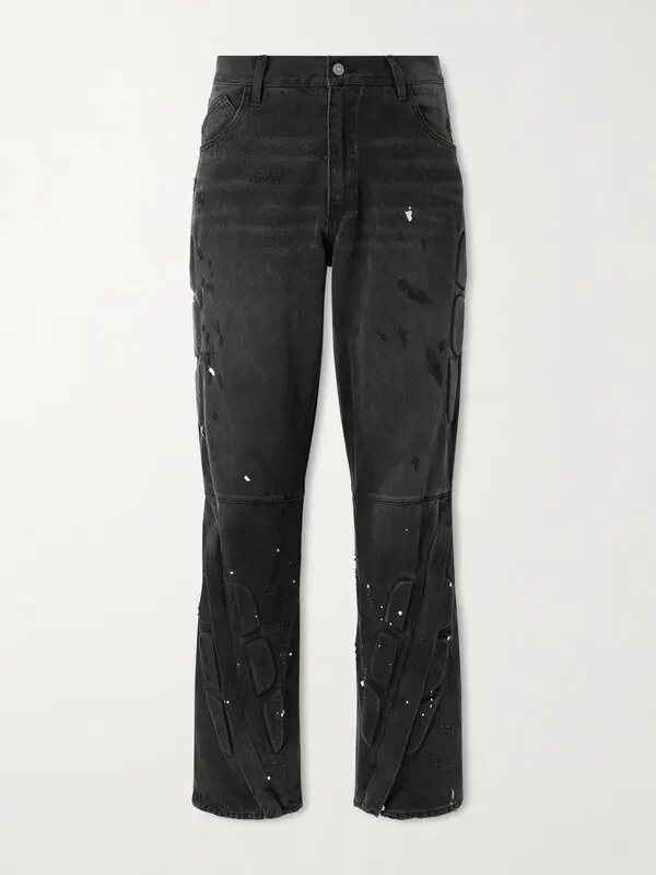 SATOSHI NAKAMOTO Enduro Straight-leg Padded Paint-splattered Jeans - Black