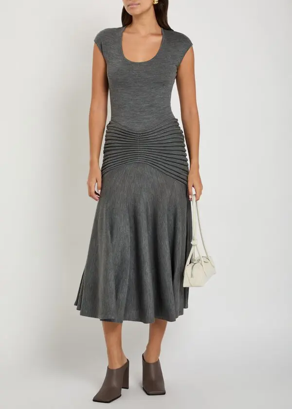 Alaïa Sculpting Ruched Wool Midi Dress