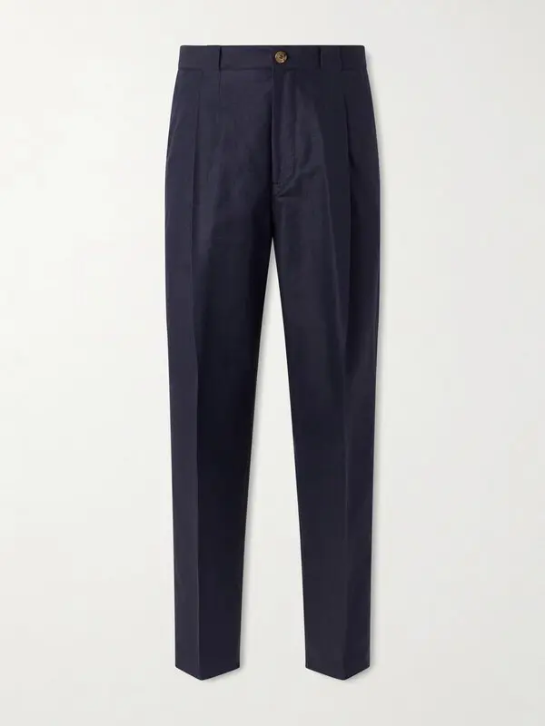 Brunello Cucinelli Tapered Pleated Cotton And Linen-blend Trousers - Blue