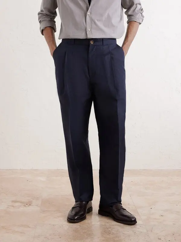 Brunello Cucinelli Tapered Pleated Cotton And Linen-blend Trousers - Blue