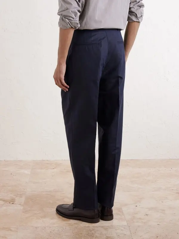 Brunello Cucinelli Tapered Pleated Cotton And Linen-blend Trousers - Blue