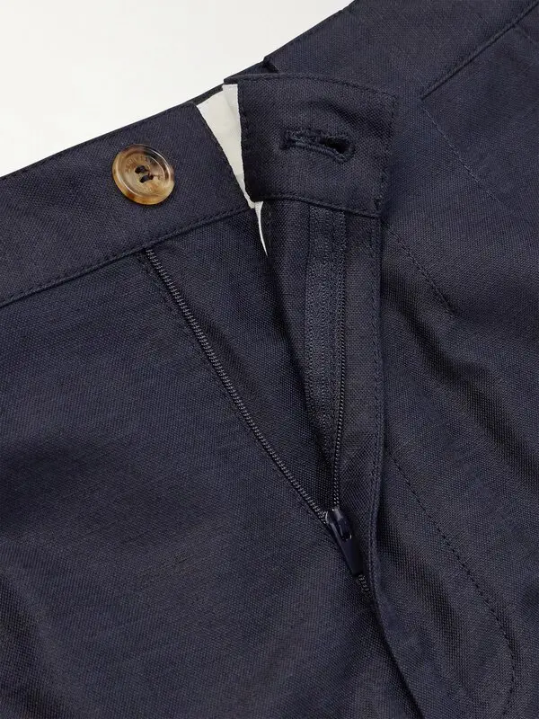 Brunello Cucinelli Tapered Pleated Cotton And Linen-blend Trousers - Blue