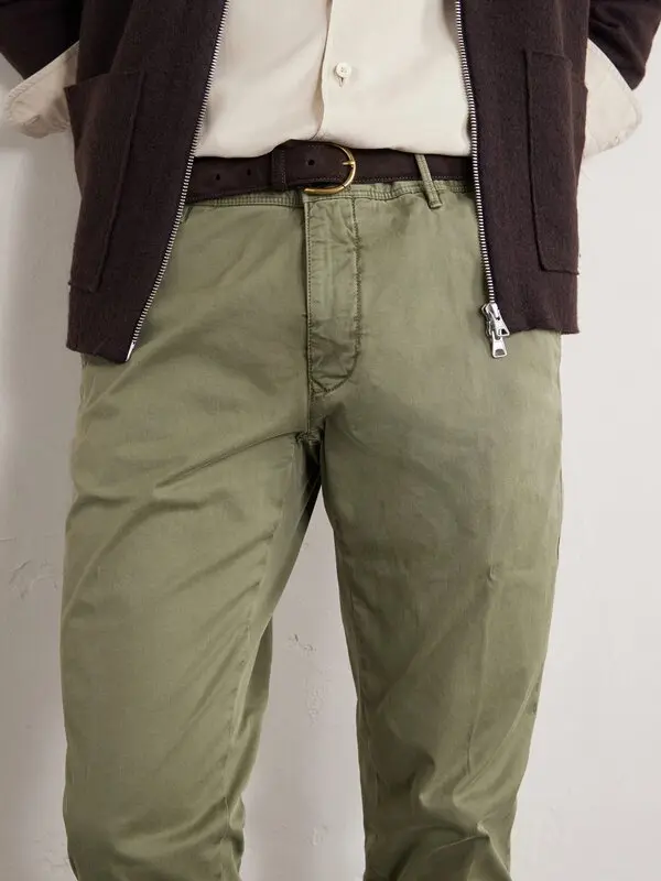 SLOWEAR Slim-fit Tapered Stretch-cotton Gabardine Trousers - Green