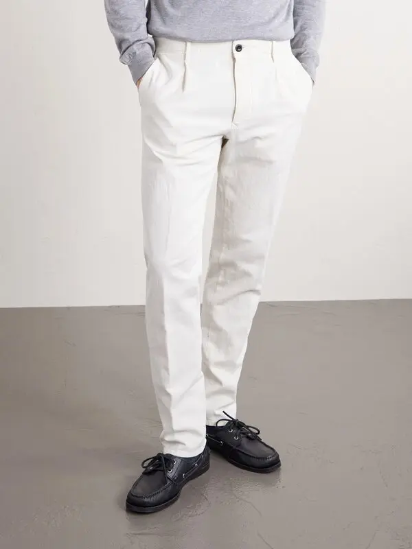 SLOWEAR Tapered Pleated Stretch-cotton And Linen-blend Gabardine Trousers - White
