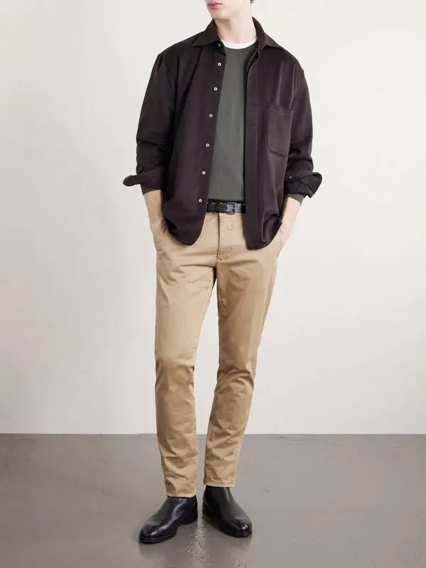 SLOWEAR Slim-fit Tapered Stretch-cotton Gabardine Trousers - Neutrals