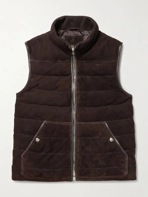 Mr P. Leather-trimmed Padded Quilted Suede Gilet