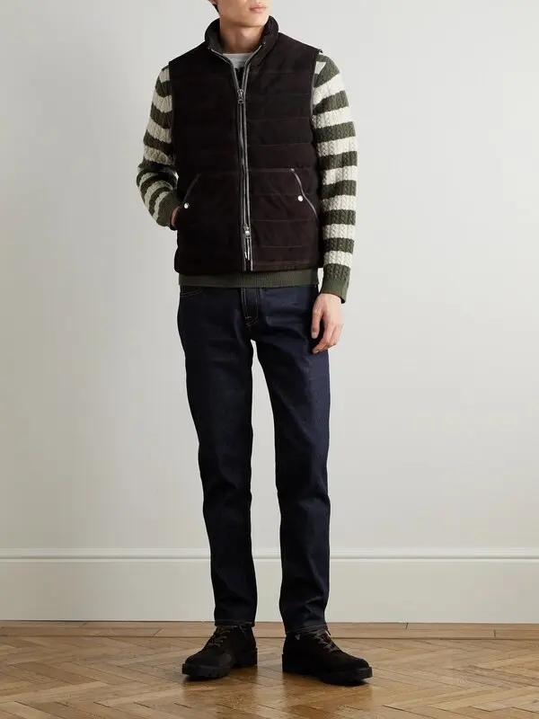 Mr P. Leather-trimmed Padded Quilted Suede Gilet