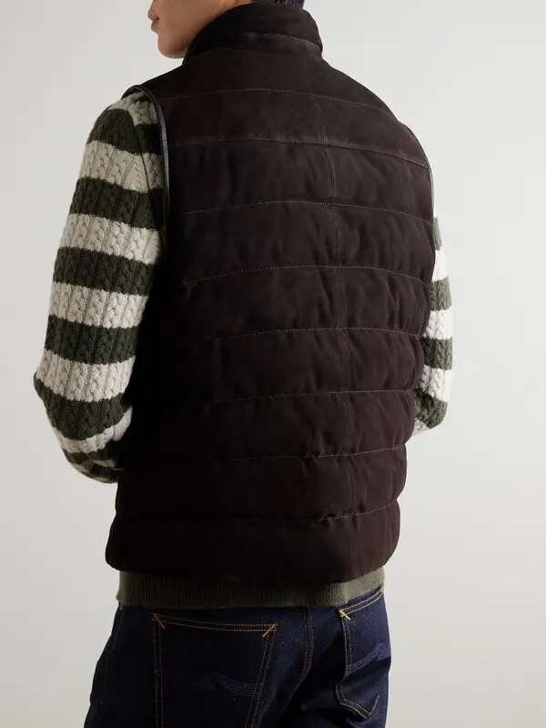 Mr P. Leather-trimmed Padded Quilted Suede Gilet