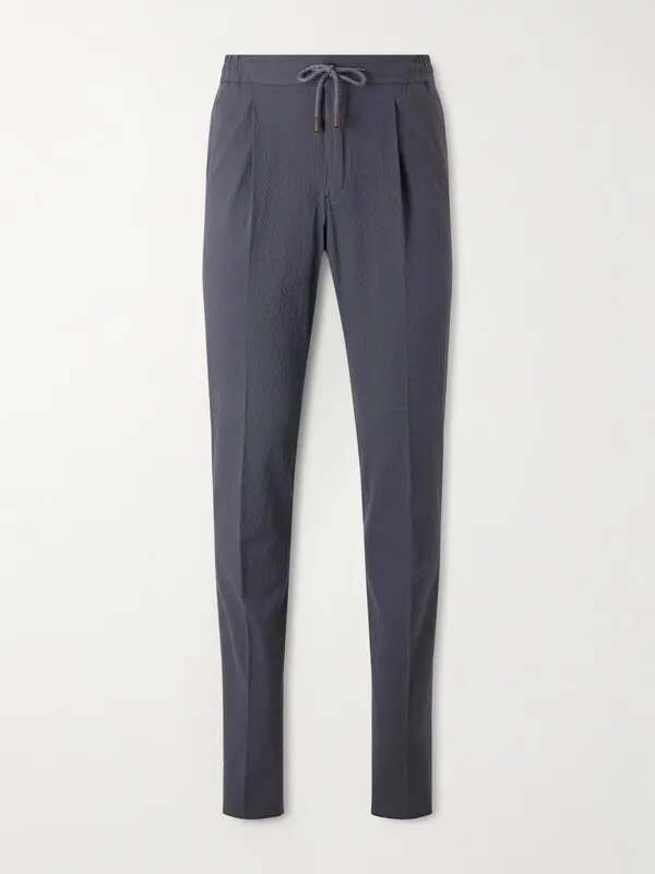 SLOWEAR Tapered Cotton-blend Seersucker Trousers