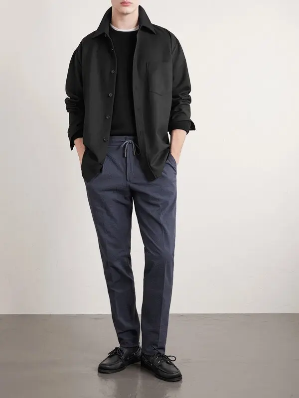 SLOWEAR Tapered Cotton-blend Seersucker Trousers