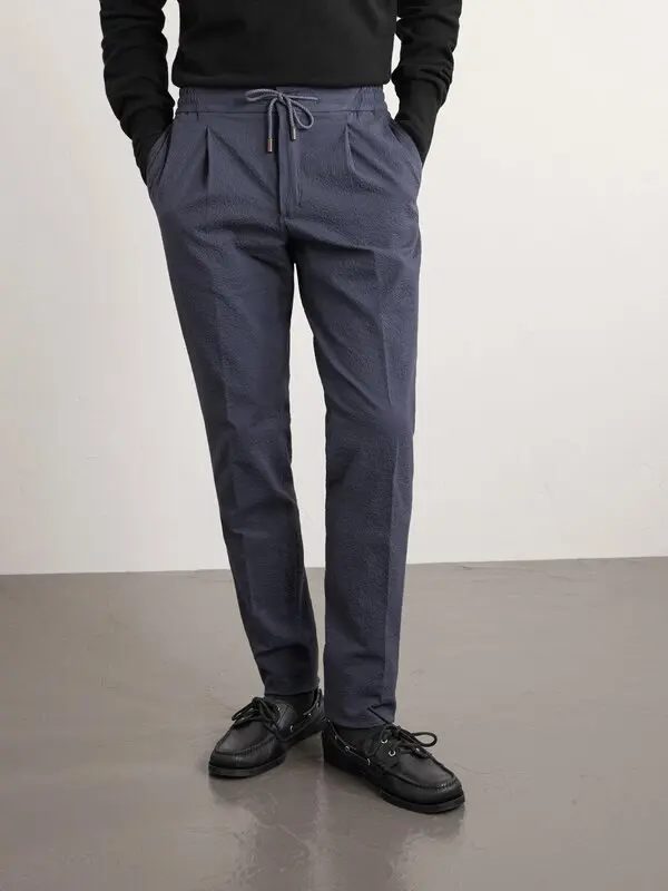 SLOWEAR Tapered Cotton-blend Seersucker Trousers