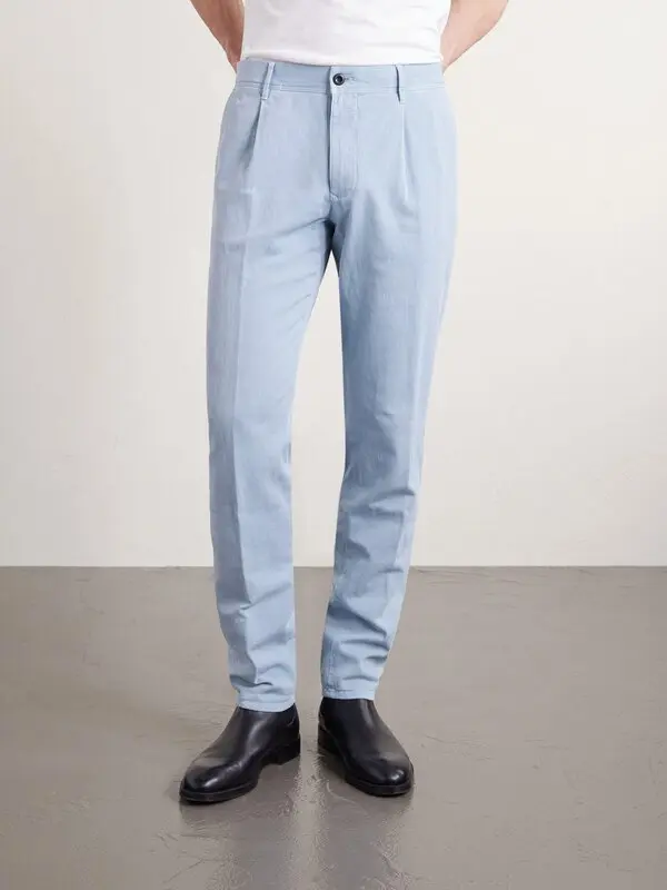 SLOWEAR Tapered Pleated Cotton-blend Gabardine Trousers - Blue