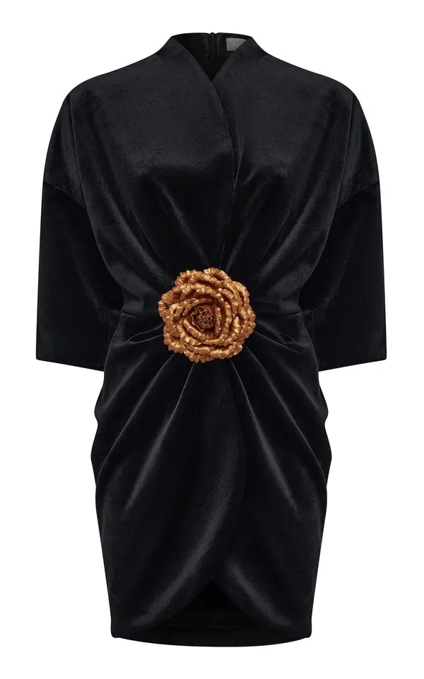 RASARIO Flower-detailed Velvet Mini Dress - Black