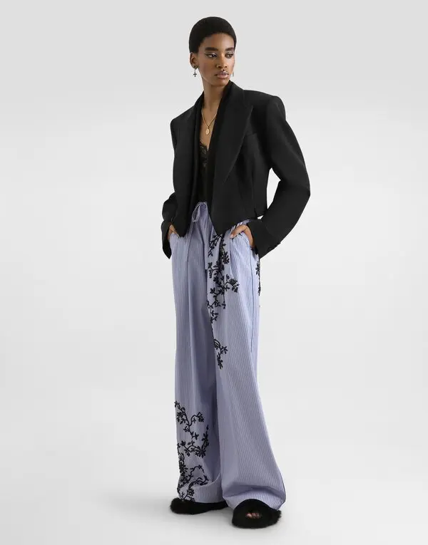 Dolce & Gabbana Striped Poplin Trousers With Floral Embroidery