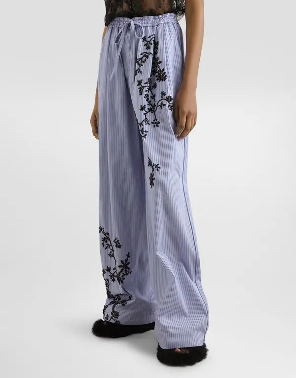 Dolce & Gabbana Striped Poplin Trousers With Floral Embroidery