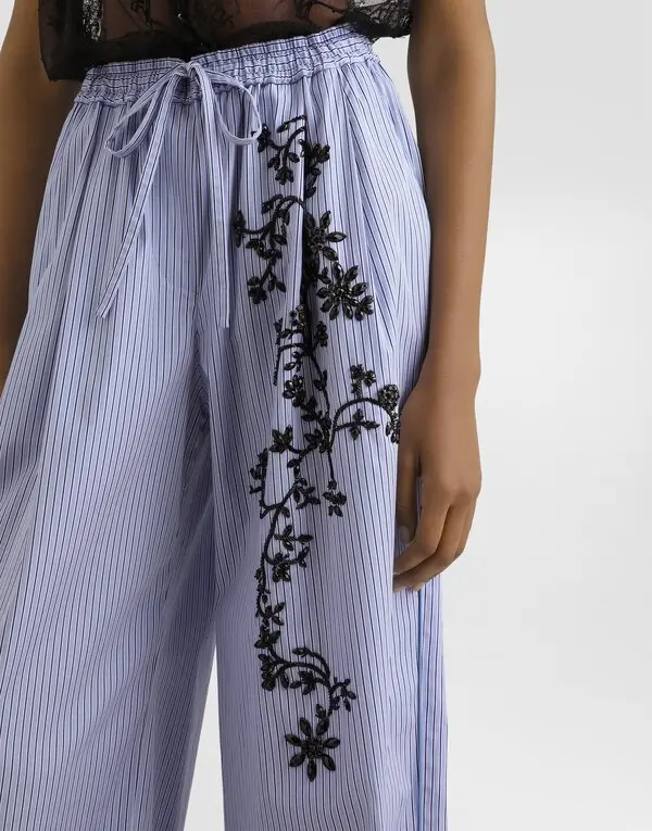Dolce & Gabbana Striped Poplin Trousers With Floral Embroidery