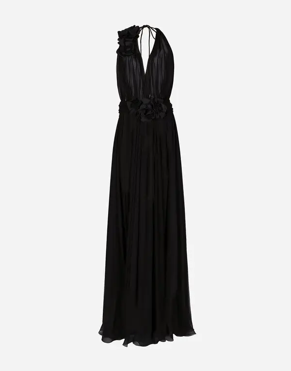Dolce & Gabbana Long Silk Chiffon Dress With Appliqu - Black