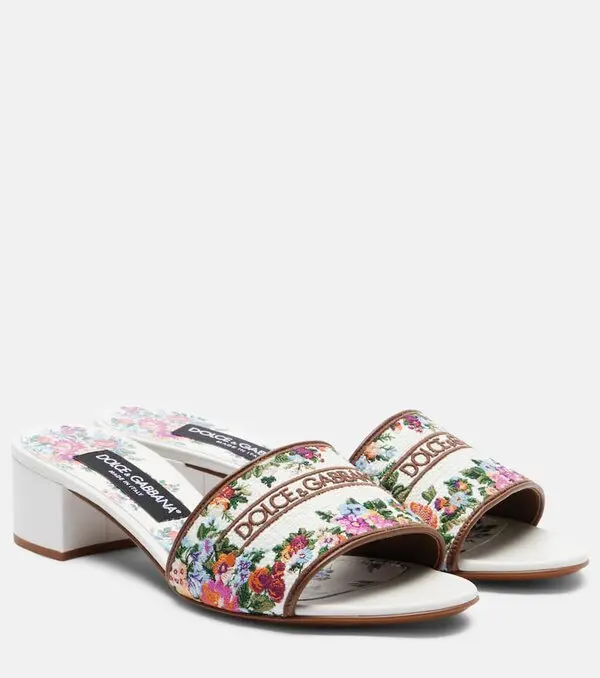Dolce & Gabbana Floral Leather-trimmed Mules - White