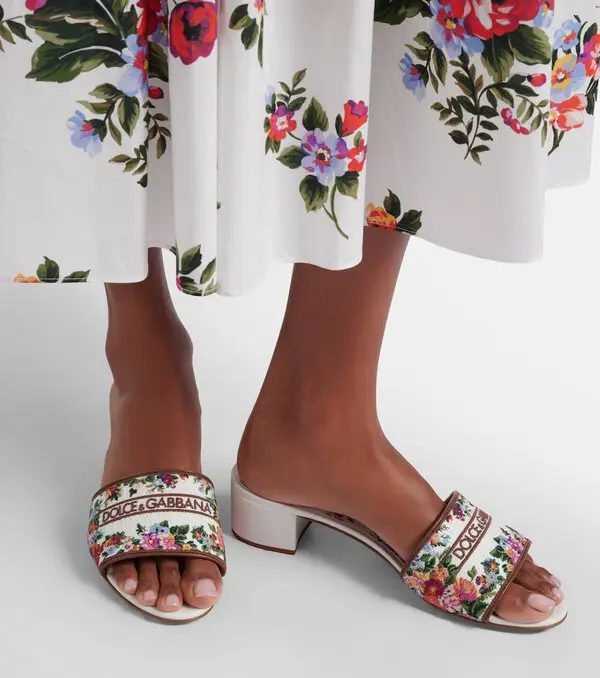 Dolce & Gabbana Floral Leather-trimmed Mules - White