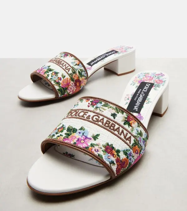 Dolce & Gabbana Floral Leather-trimmed Mules - White