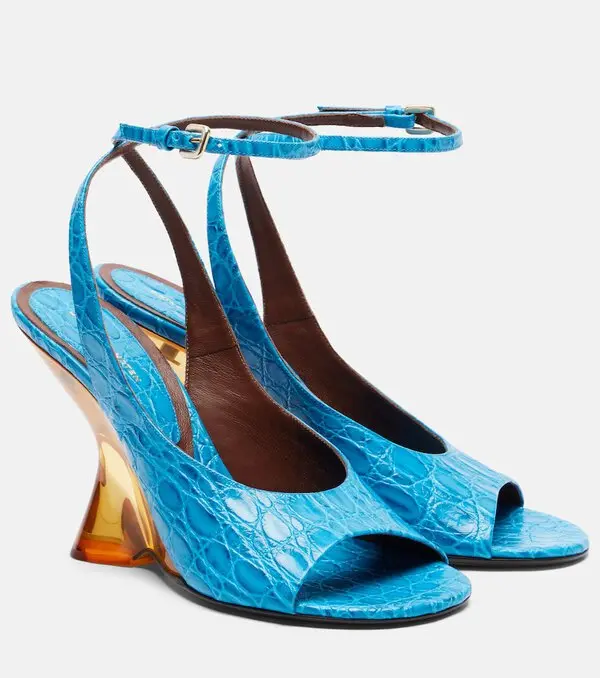 Dries Van Noten Croc-effect Leather Wedge Sandals - Blue
