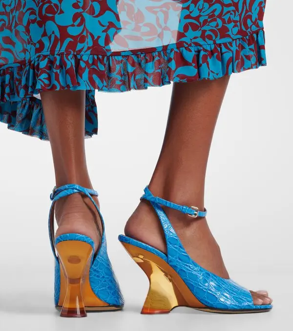 Dries Van Noten Croc-effect Leather Wedge Sandals