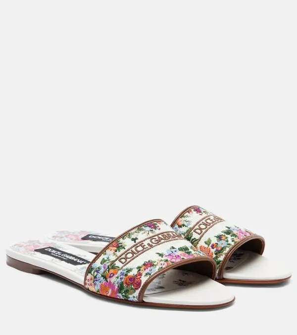 Dolce & Gabbana Floral Leather-trimmed Slides - White