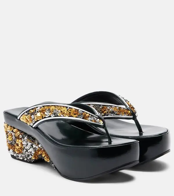 Dries Van Noten Sequined Wedge Thong Sandals