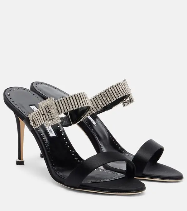 Manolo Blahnik Fibolta 90 Embellished Satin Mules - Black