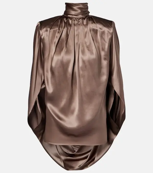 MUGLER Draped Silk-blend Satin Top - Brown