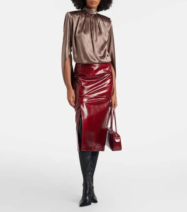 MUGLER Draped Silk-blend Satin Top - Brown