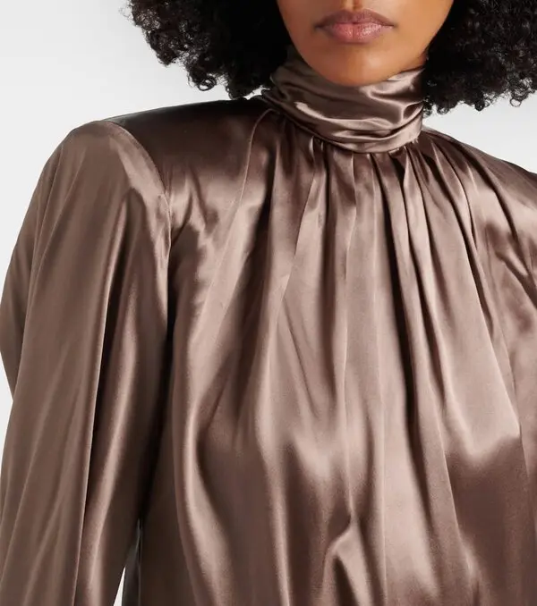 MUGLER Draped Silk-blend Satin Top - Brown