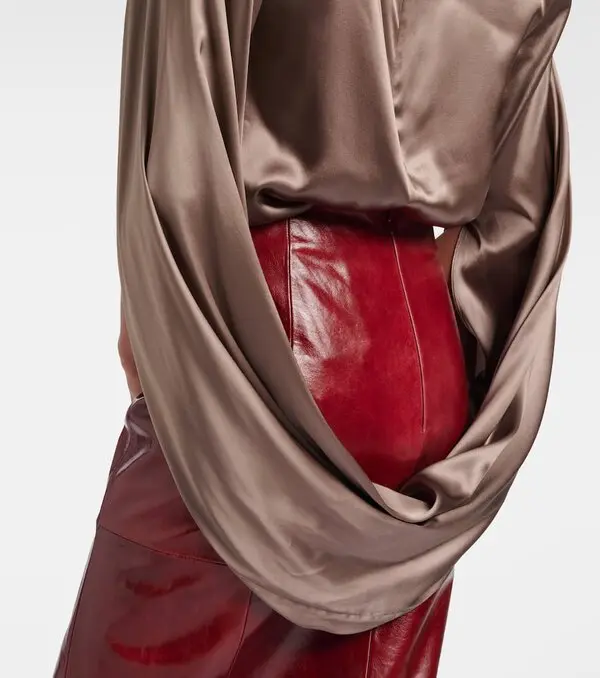 MUGLER Draped Silk-blend Satin Top - Brown